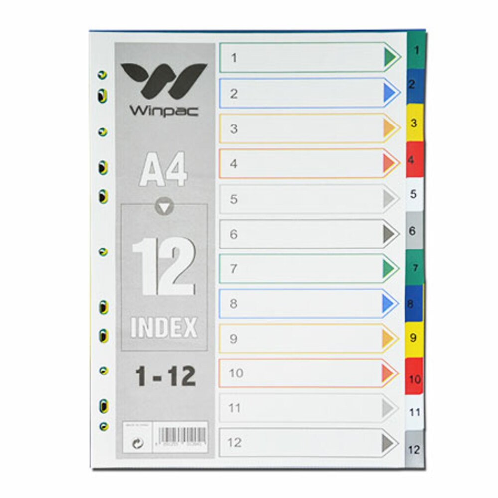Index Card PP Plastic A4, 12 Colours Tabs Number Winpac | DelCity Ltd
