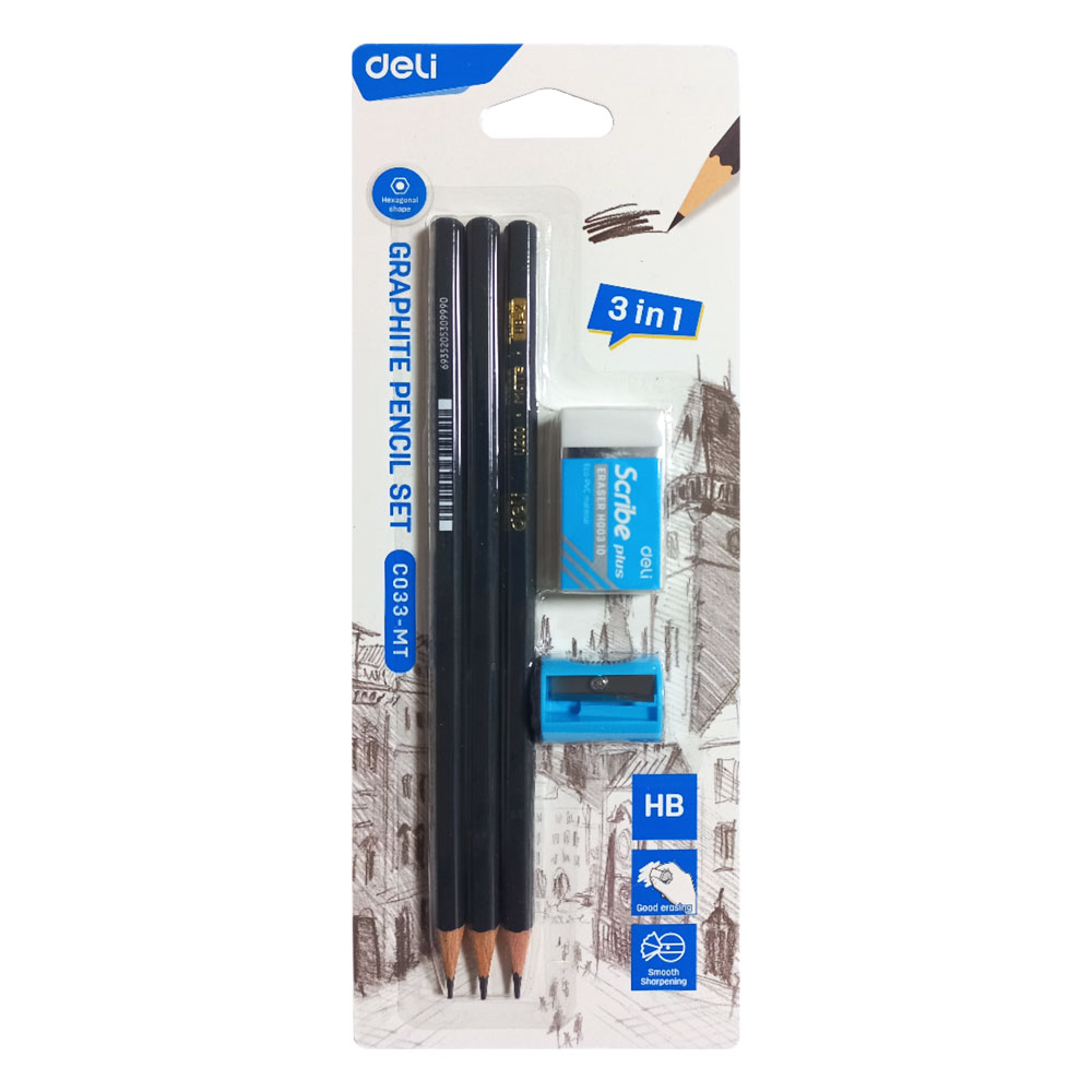 Wood Pencil Set Ref EC033-MT HB Pencil, Sharpener & Eraser Deli ...